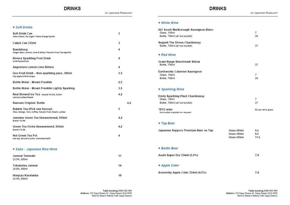 Menu at Sushi Ari Sippy Downs restaurant, Sippy Downs