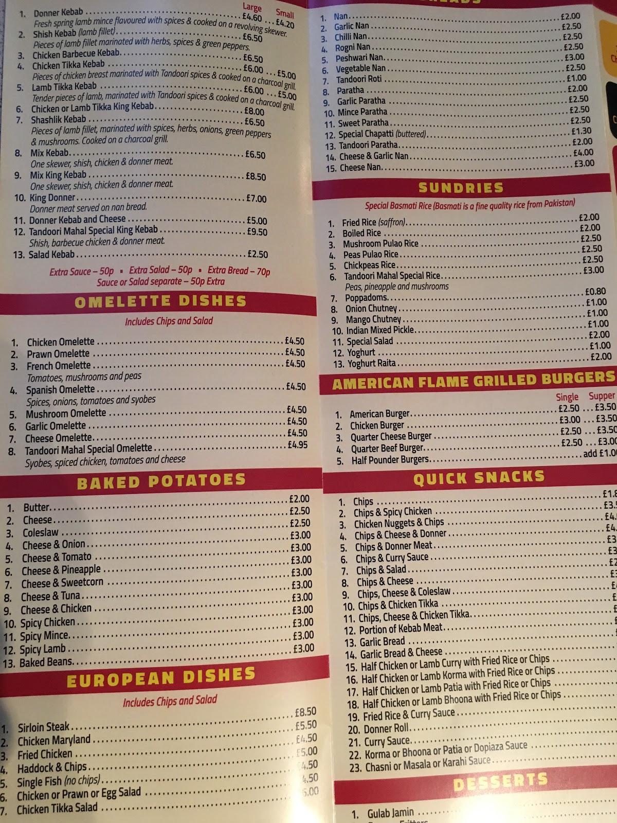 Menu at Tandoori Mahal restaurant, Wishaw