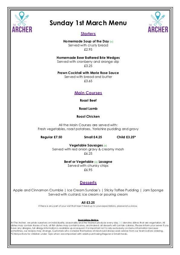 Menu at The Archer pub & bar, Mansfield, Warsop Ln