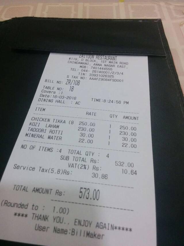 Menu at Zaitoon, Chennai, 1st Main Road