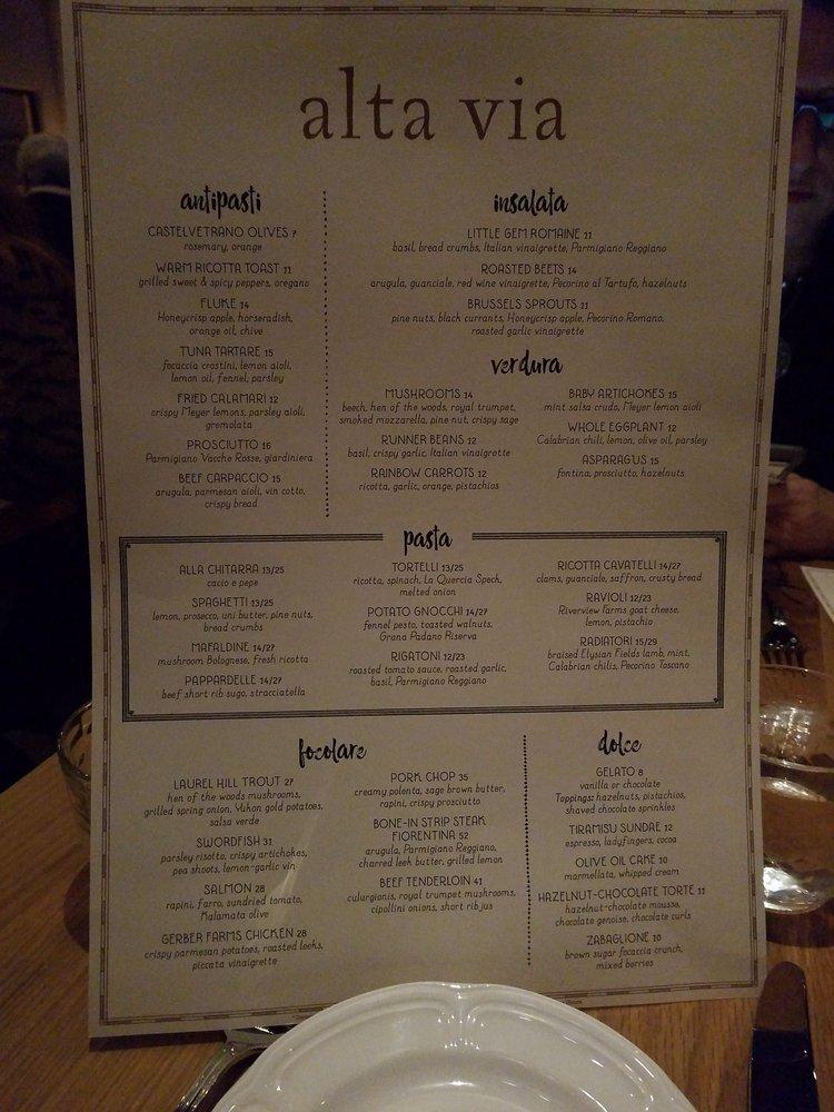 Menu at Alta Via restaurant, Pittsburgh, 46 Fox Chapel Rd