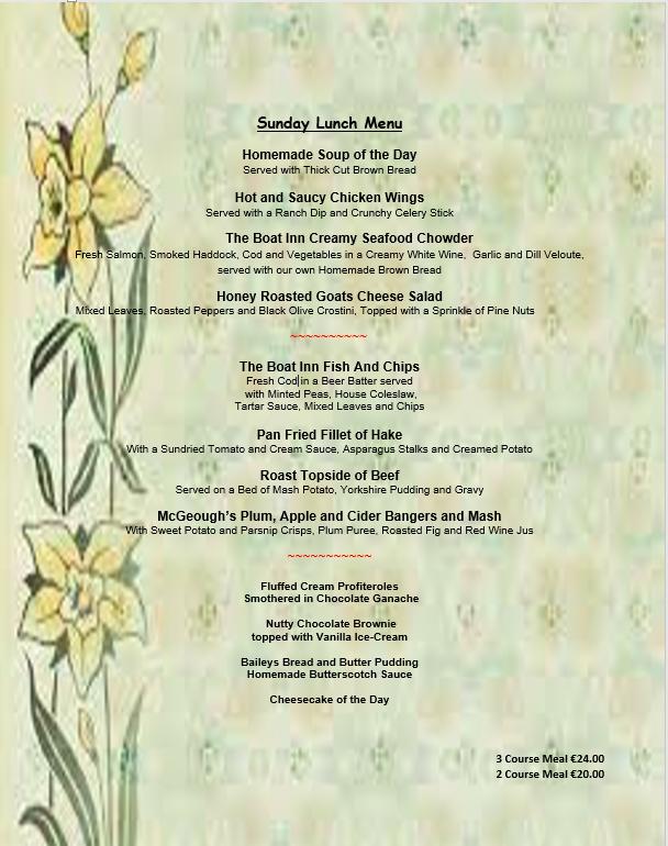 Menu at Boat Inn restaurant, Oughterard