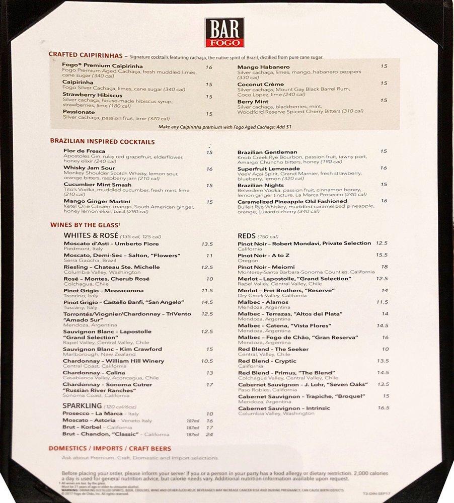 Menu at Fogo de Chão Brazilian Steakhouse, Scottsdale