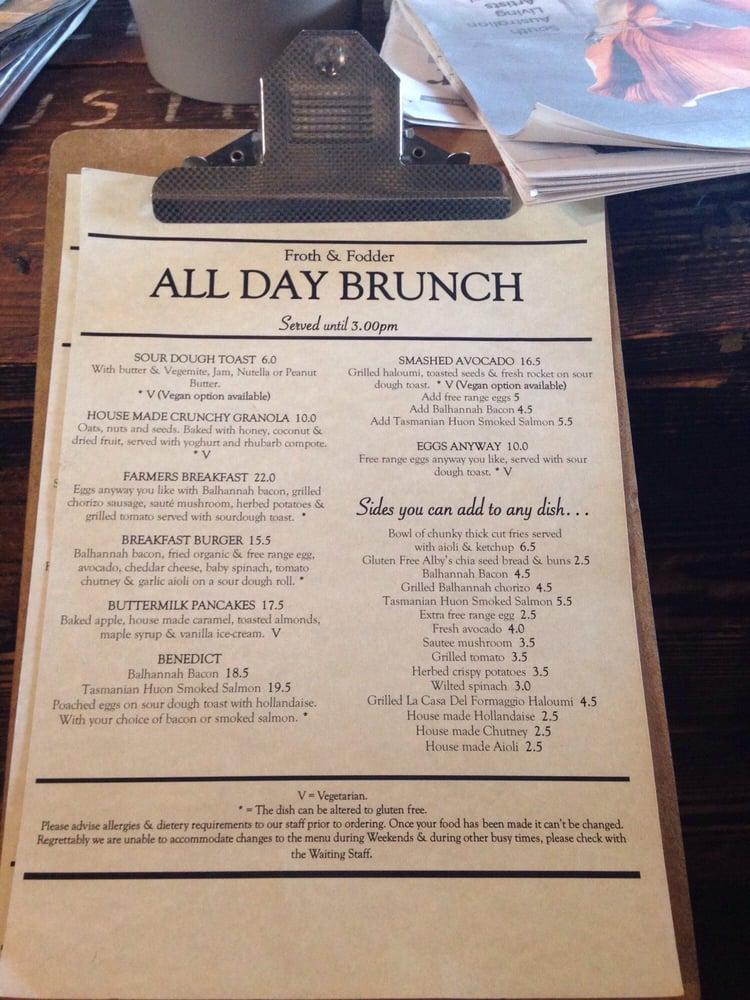 Menu at Froth and Fodder cafe, Kurralta Park