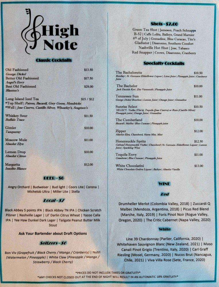 Menu at High Note pub & bar, Nashville