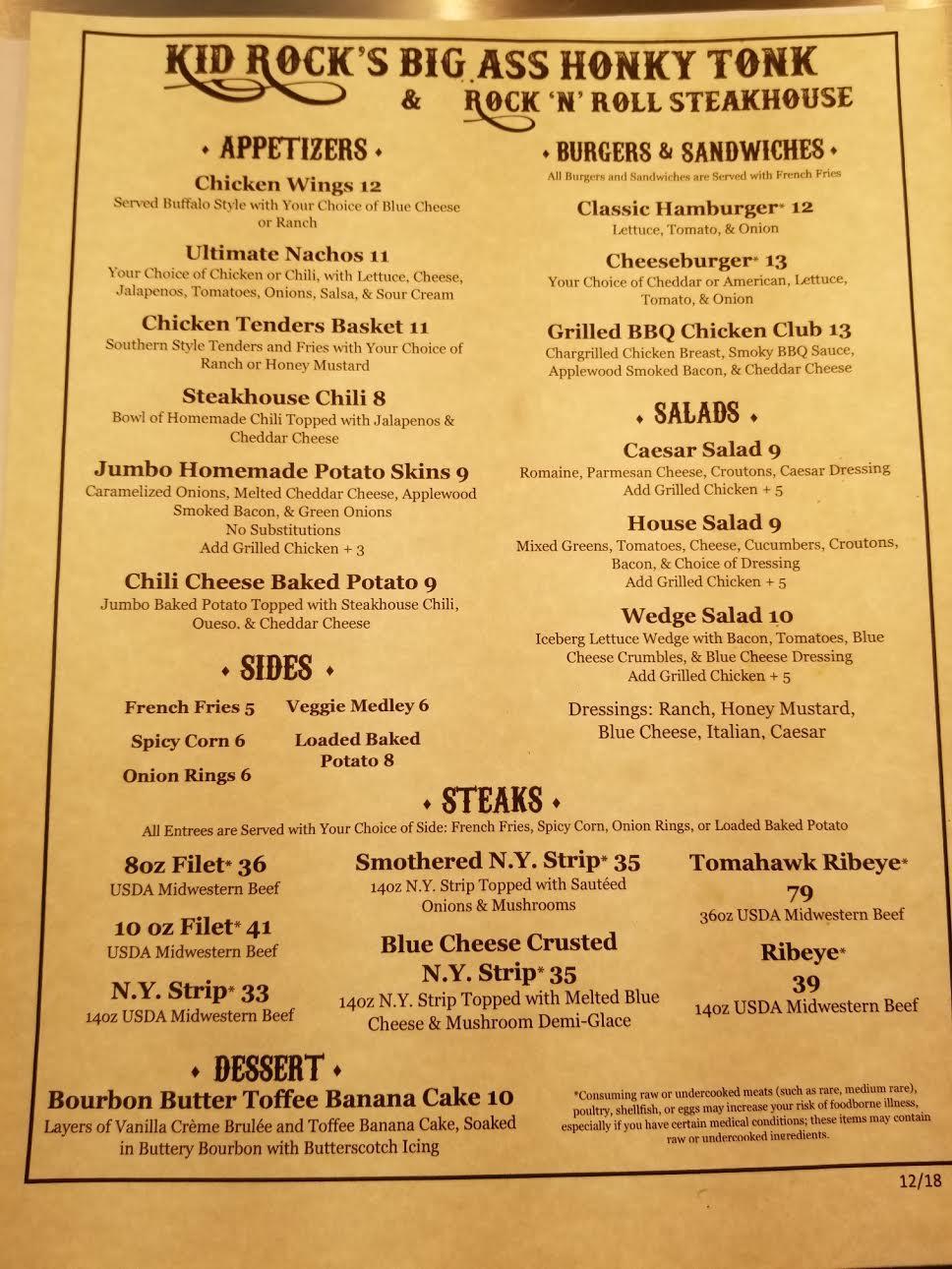 Menu at Kid Rock's Big Ass Honky Tonk Rock N' Roll Steakhouse, Nashville