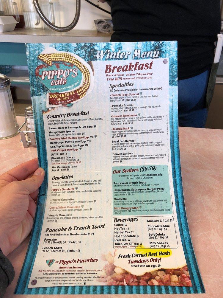 Menu at Pippo's Cafe, Cortez