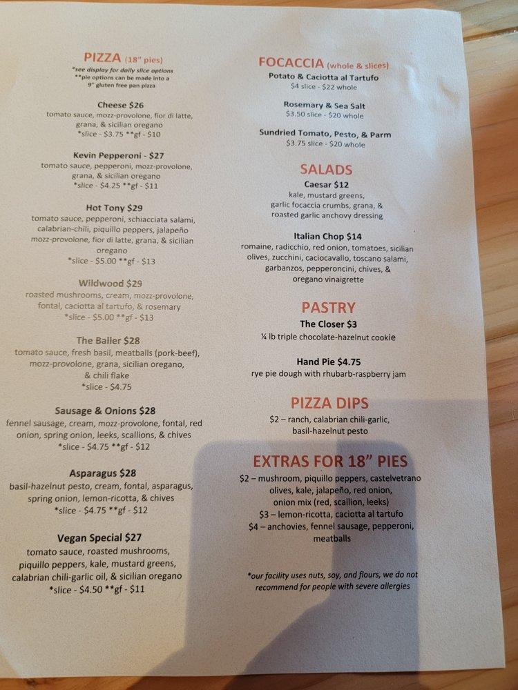 Menu at Pizza Thief pizzeria, Portland