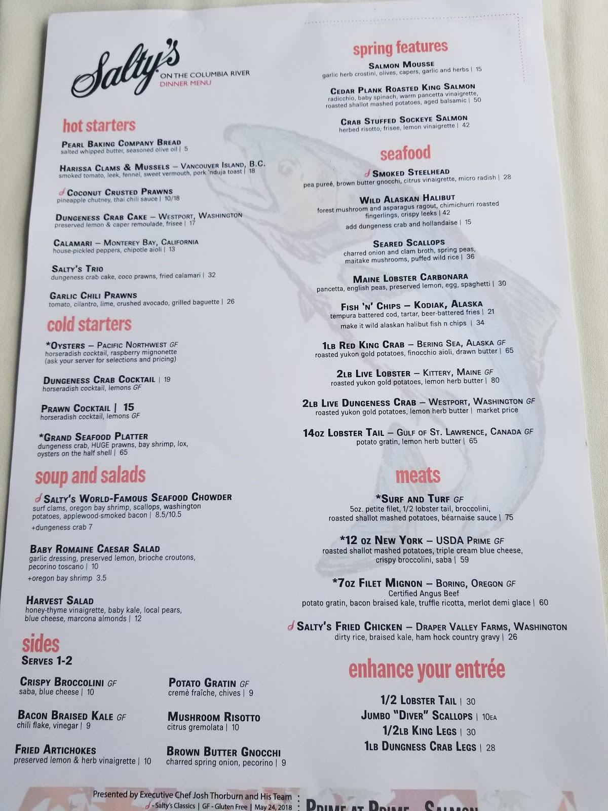 Menu at Salty's on the Columbia River restaurant, Portland