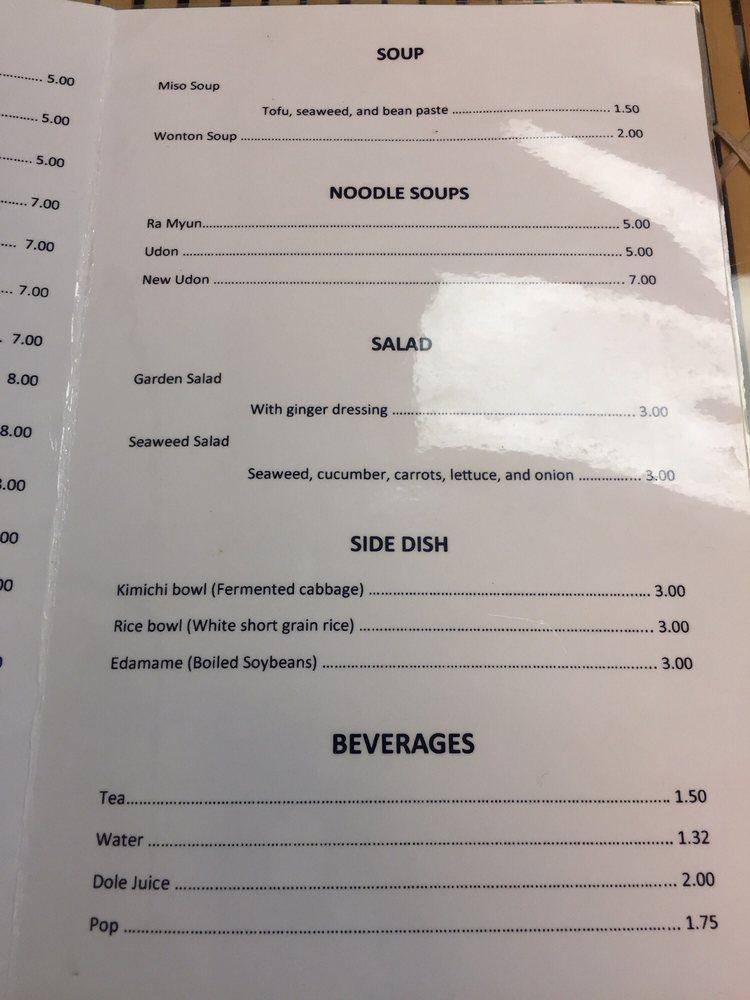 Menu at Soon Han's Sushi restaurant, New Minas