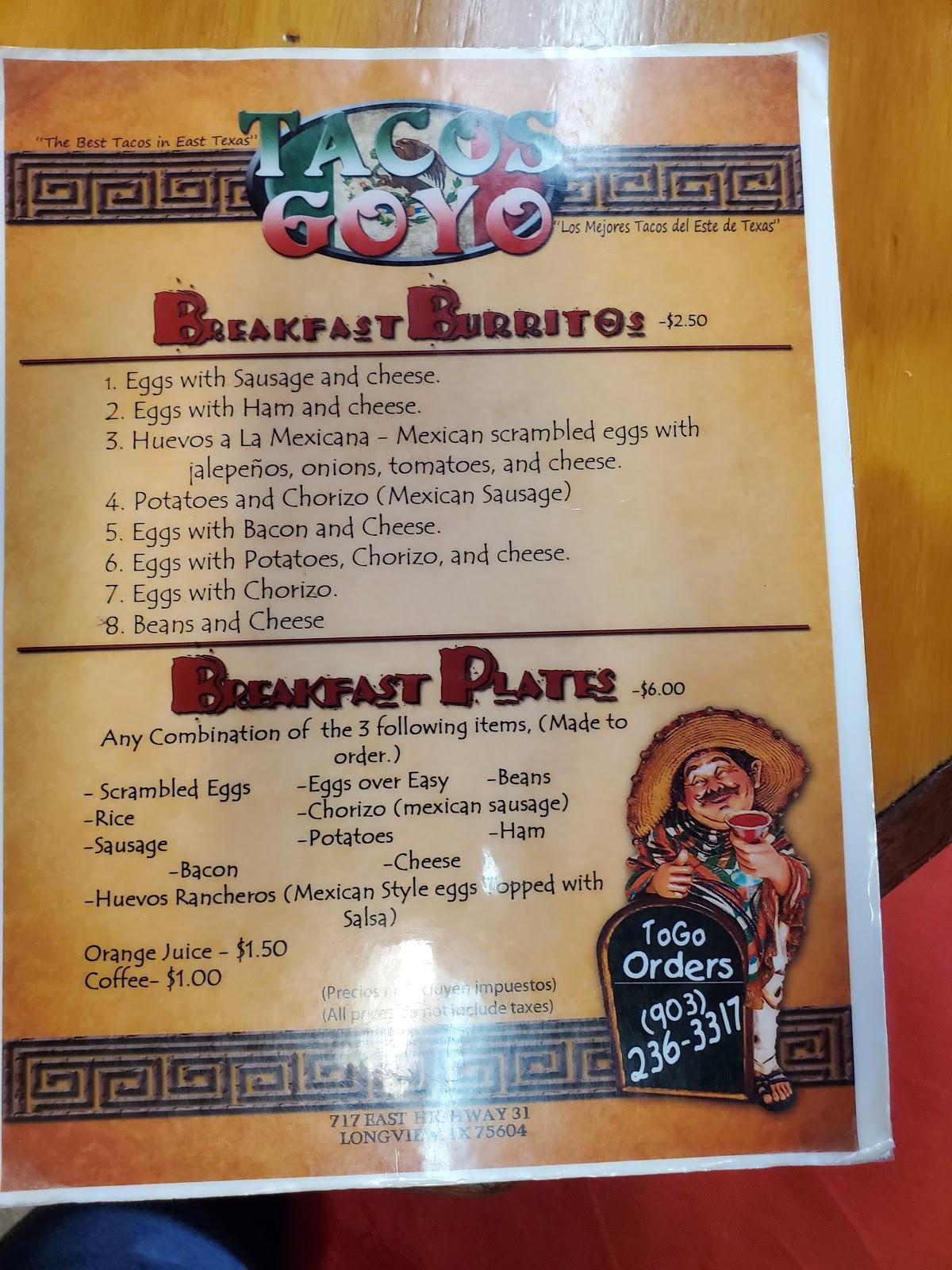 Menu at Tacos Goyo restaurant, Longview, 717 TX-31