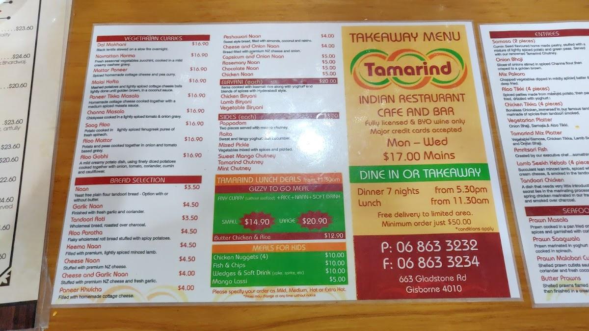 Menu at Tamarind of Gisborne restaurant, Gisborne
