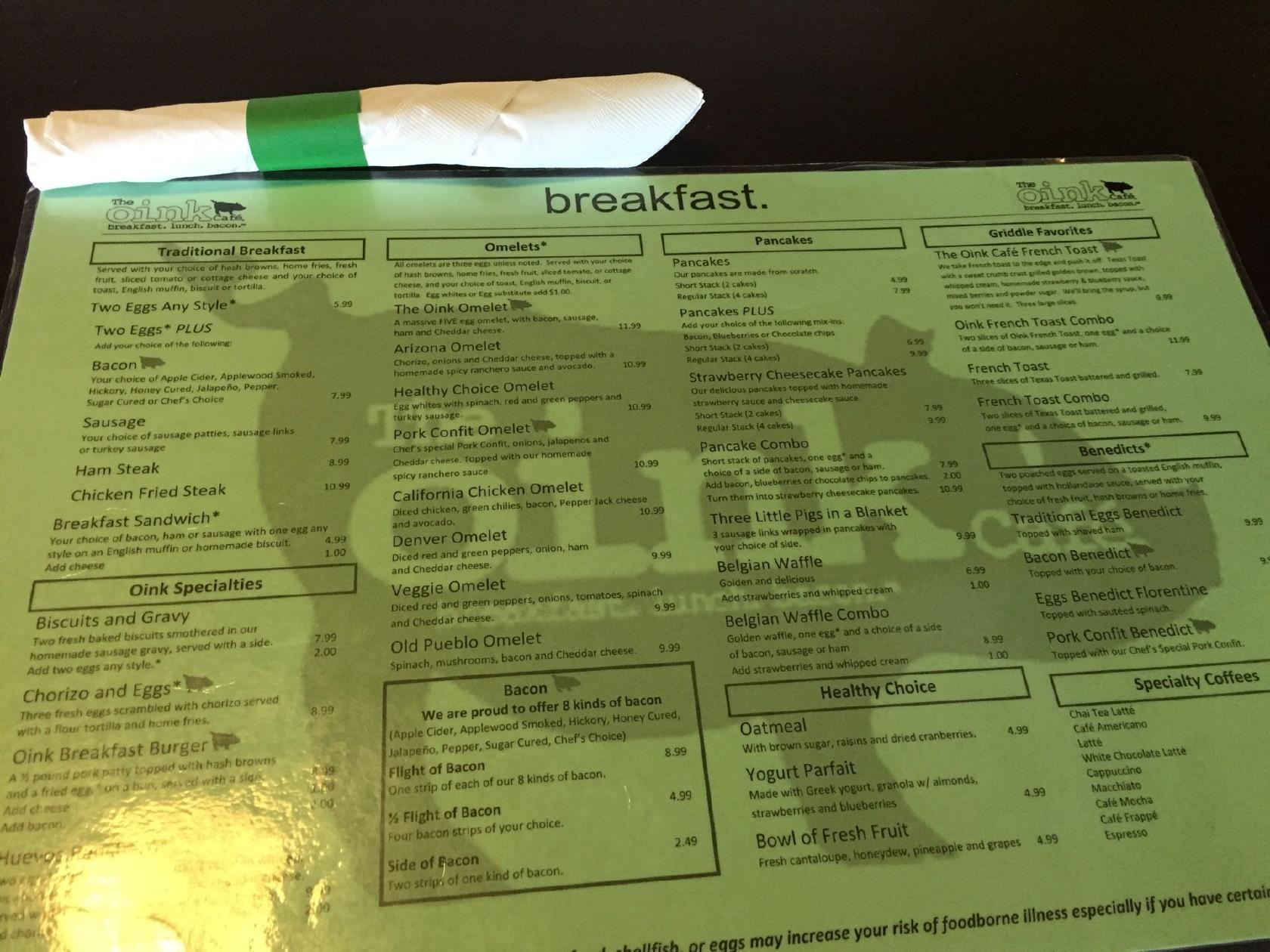 Menu at The Oink Cafe, Tucson
