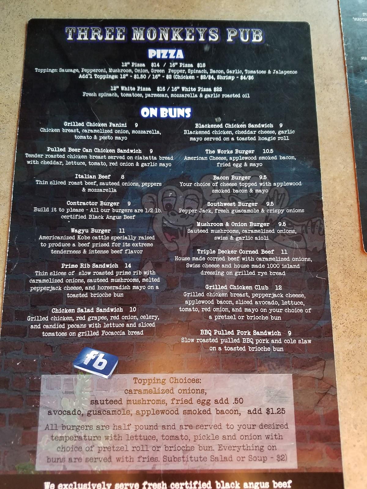 Menu at Three Monkeys Pub, Crown Point, 21 Adams St