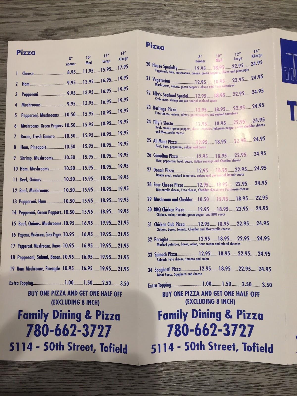 Menu au Tilly's Family Dining & Pizza pizzeria, Tofield
