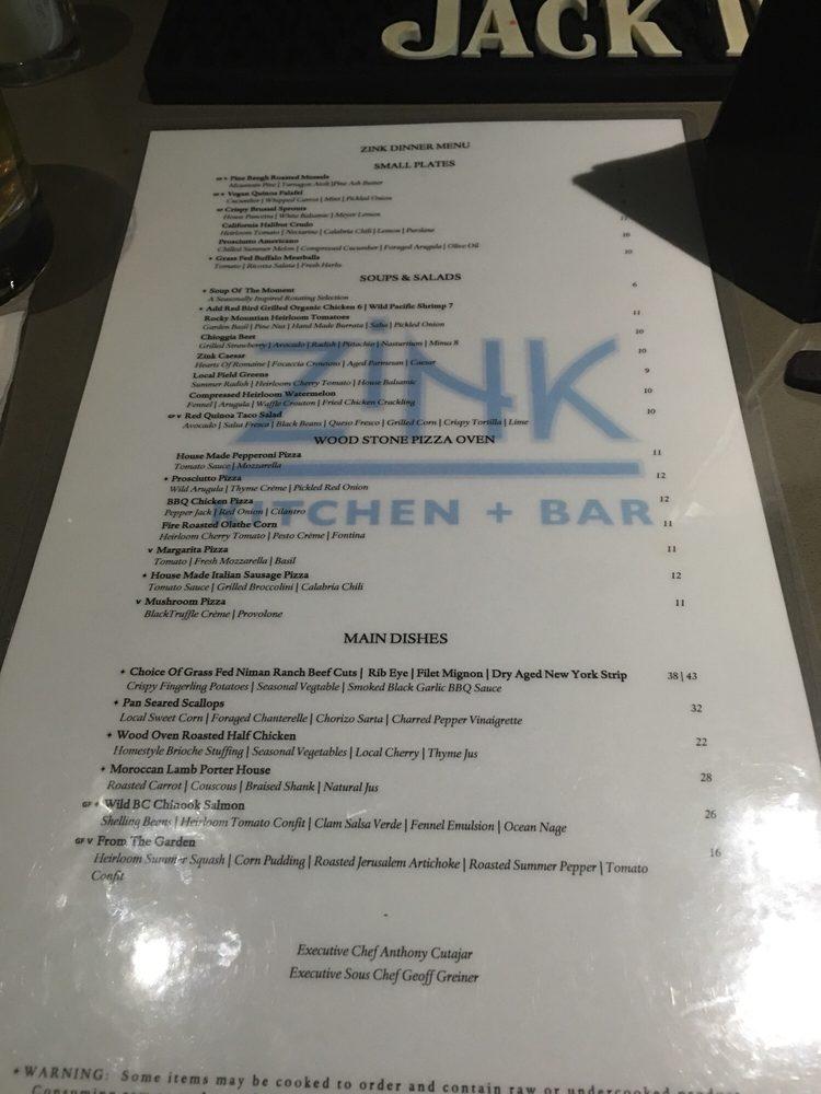 Menu at Zink Kitchen + Bar, Greenwood Village, E Orchard Rd