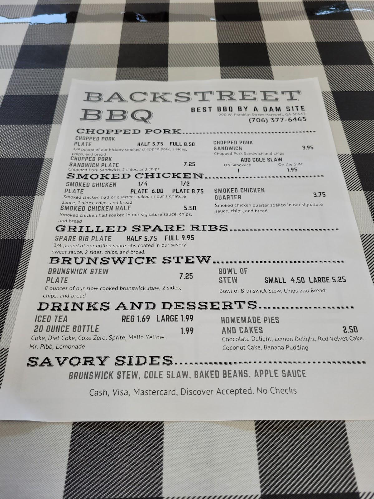 Menu at Backstreet BBQ, Hartwell