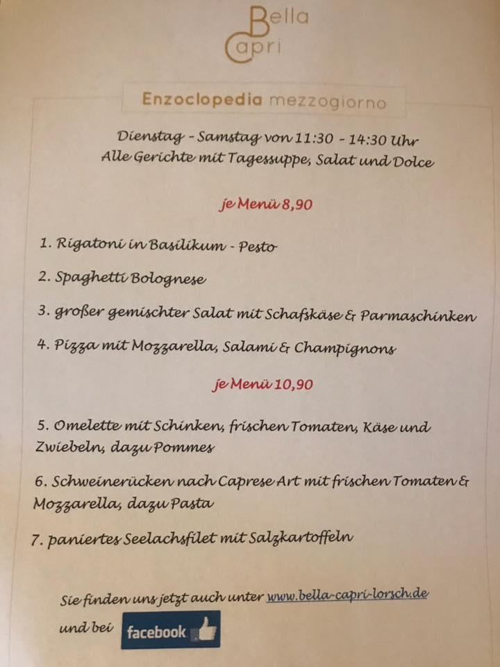 Speisekarte von Ristorante Bella Capri restaurant, Lorsch
