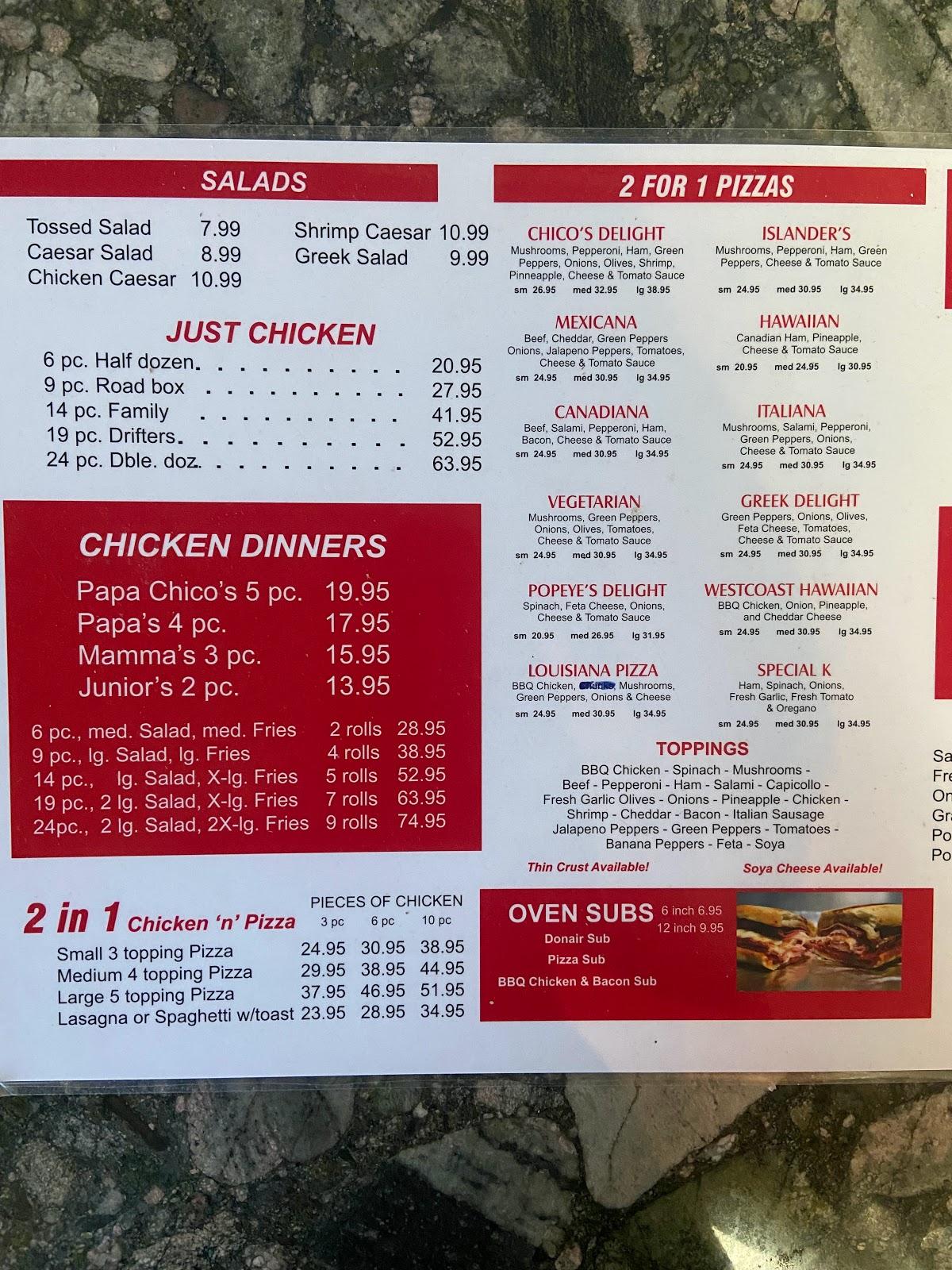 Menu at Chico's Fried Chicken N Pizza pizzeria, Nanaimo