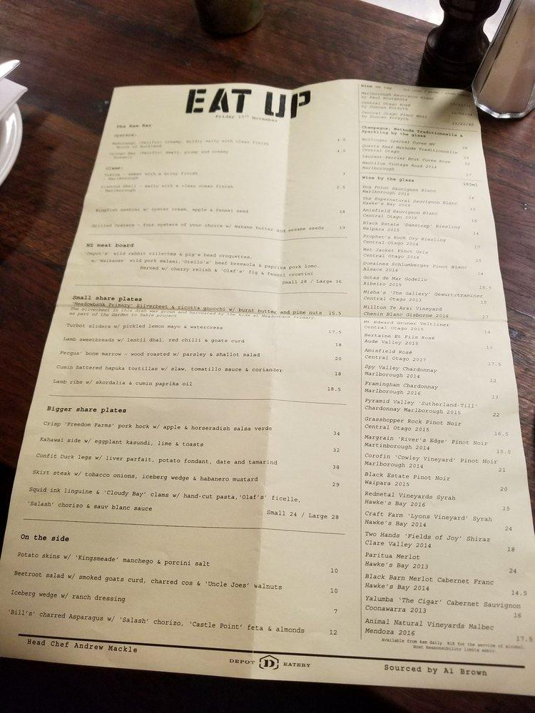 Menu at Depot restaurant, Auckland