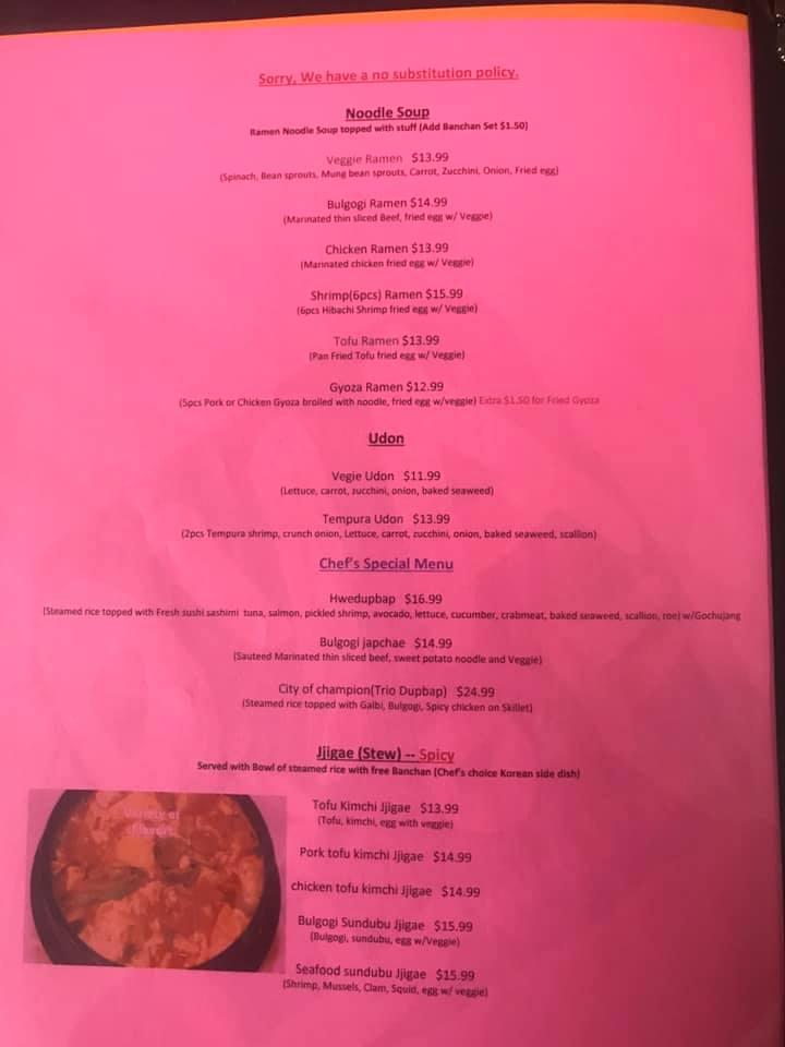 Menu at Oya Sushi and Korean Grill BBQ, Pittsburgh