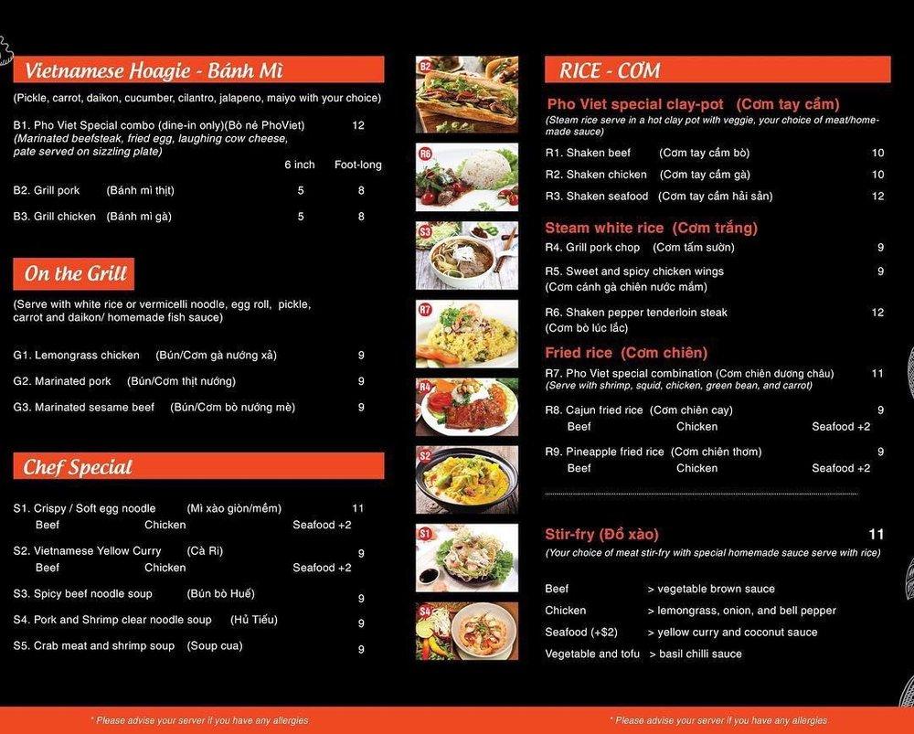 Menu at Pho Viet restaurant, Dover