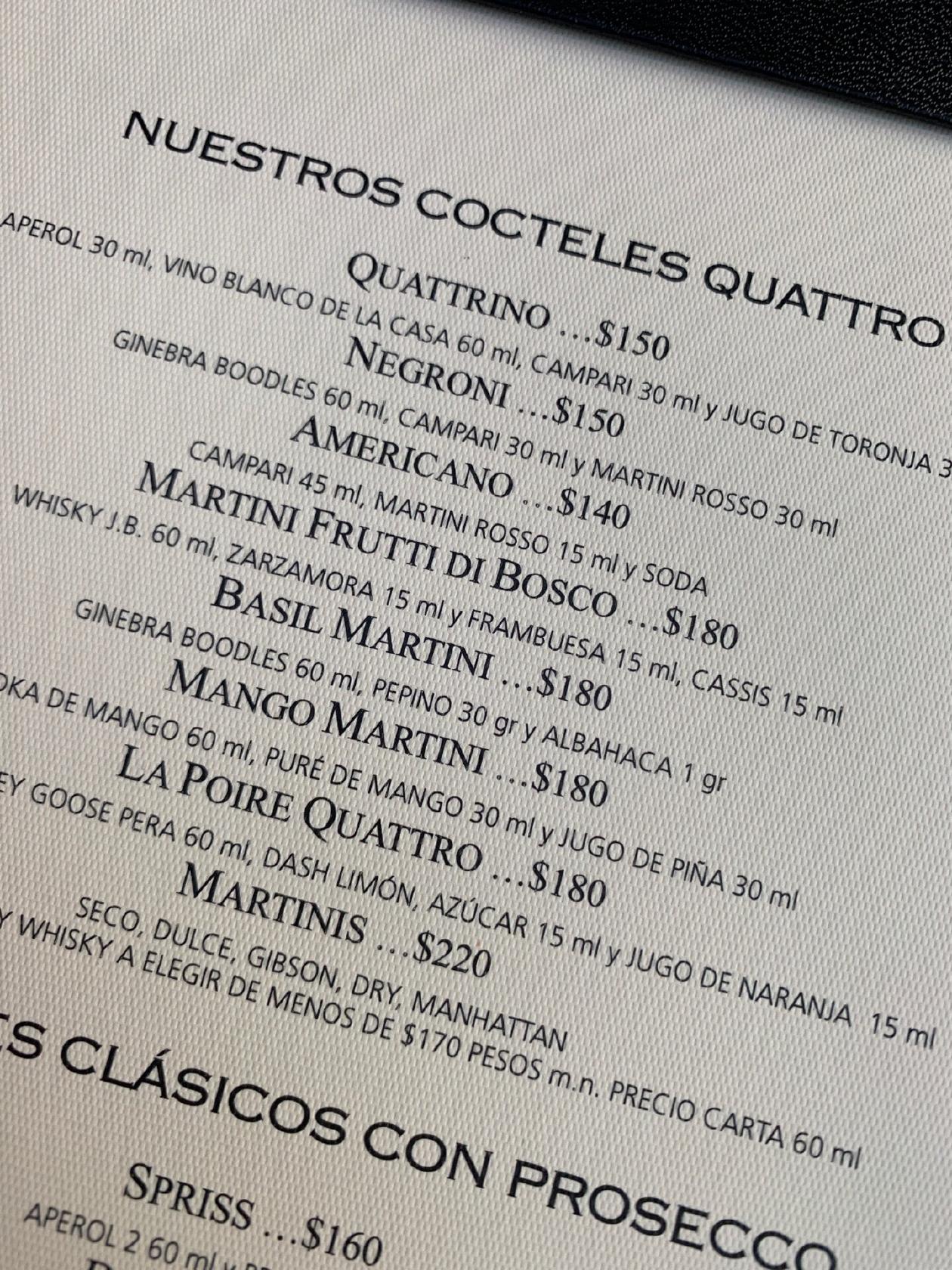 Menu at Quattro restaurant, Mexico City