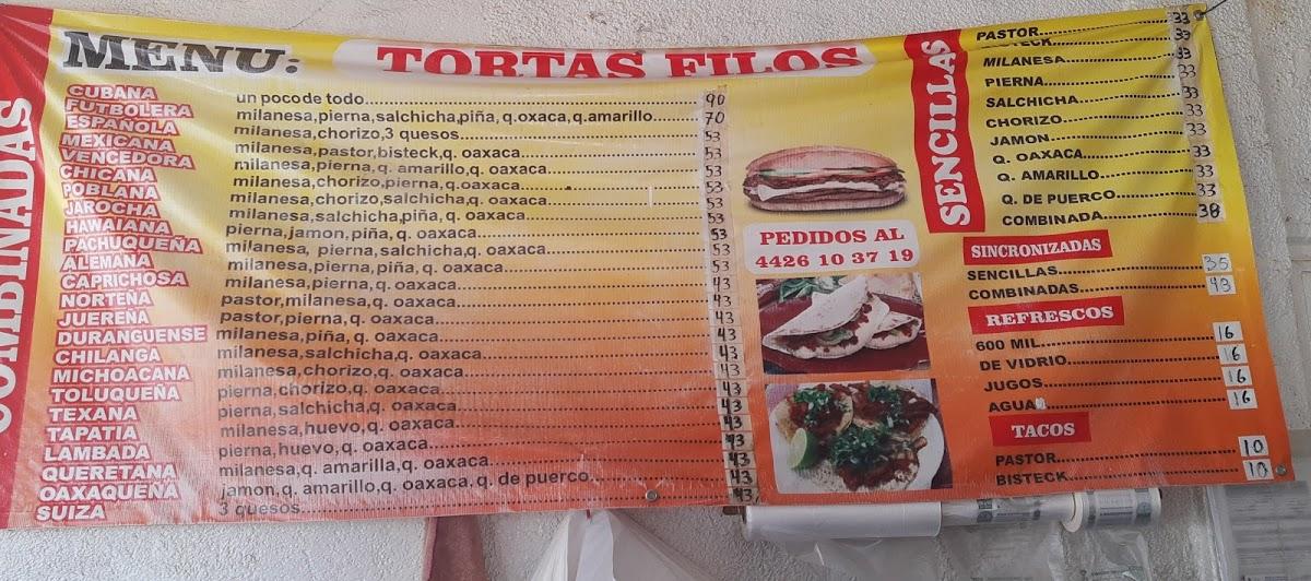 Menu at Tortas Filos restaurant, Santiago de Querétaro, Carr. Al Campo ...