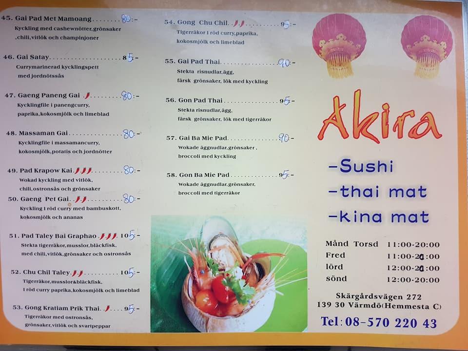 Menu at Akira Ye restaurant, Stockholm