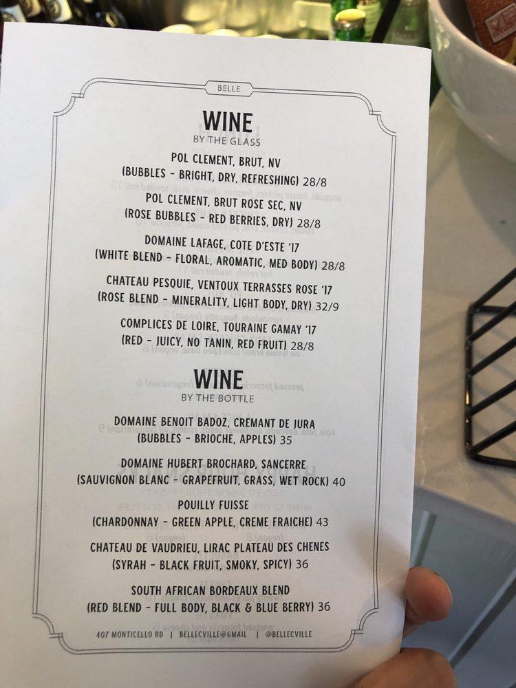 Menu at Belle restaurant, Charlottesville