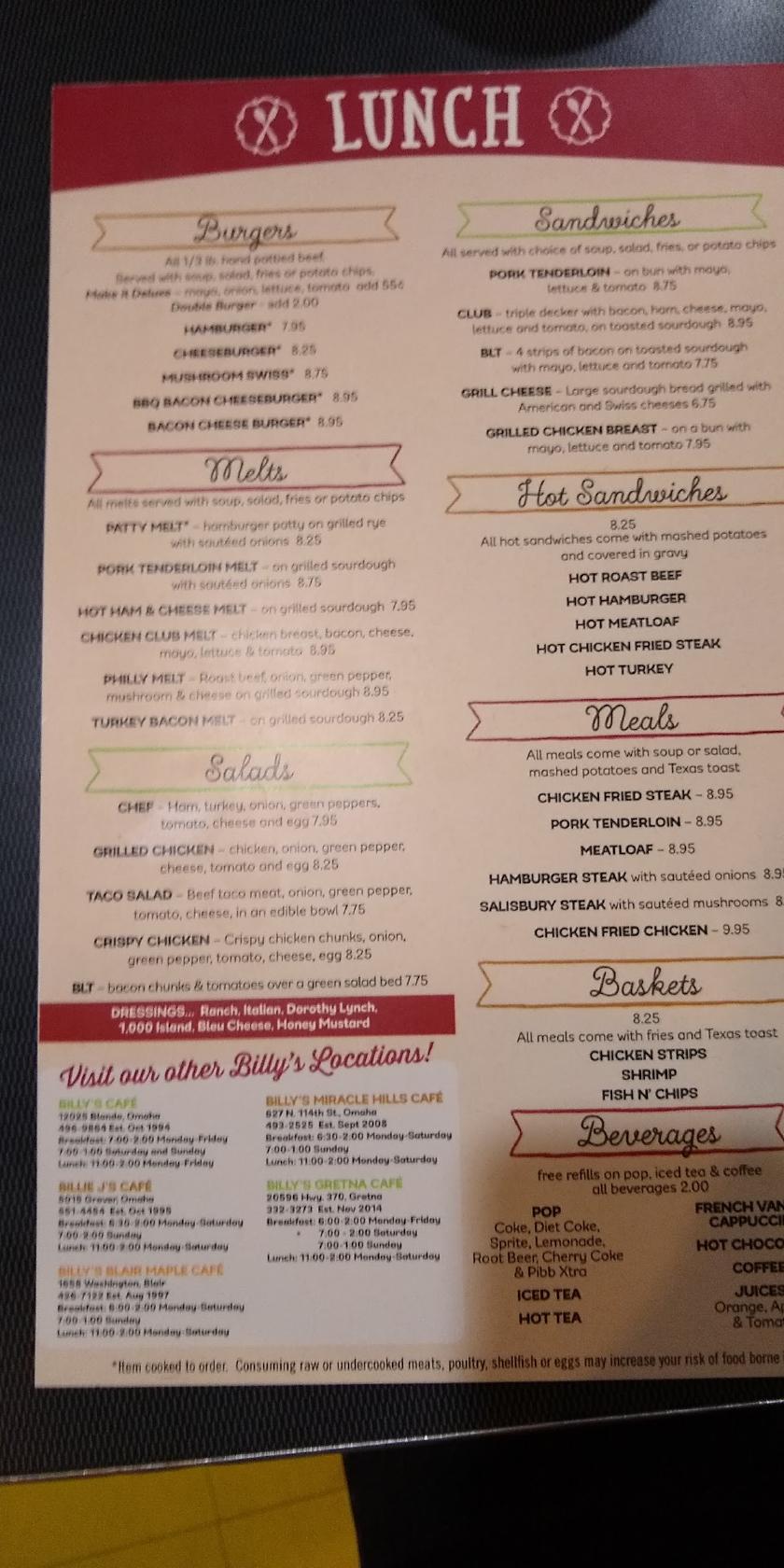 Menu at Billy's Gretna Cafe, Gretna