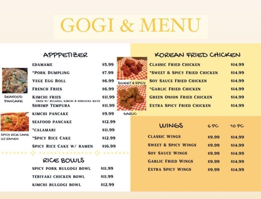Menu at Gogi & Asian Cuisine restaurant, Phoenix