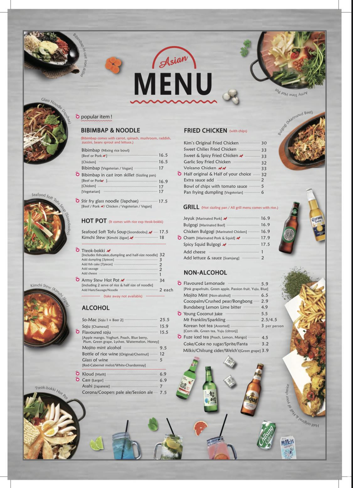 Menu at Kim's Asian Kitchen restaurant, Mawson Lakes