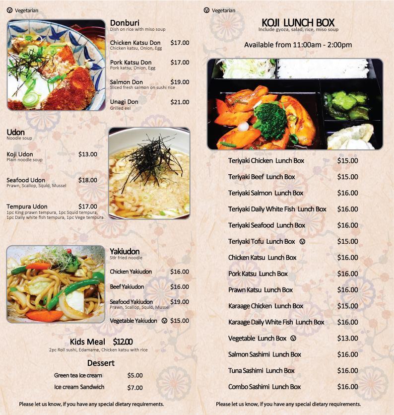 Menu at Koji Japanese Restaurant, Ashburton