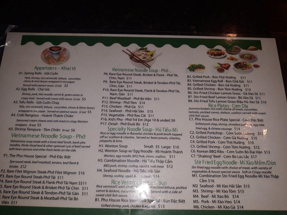 Menu at Pho House restaurant, Bradenton