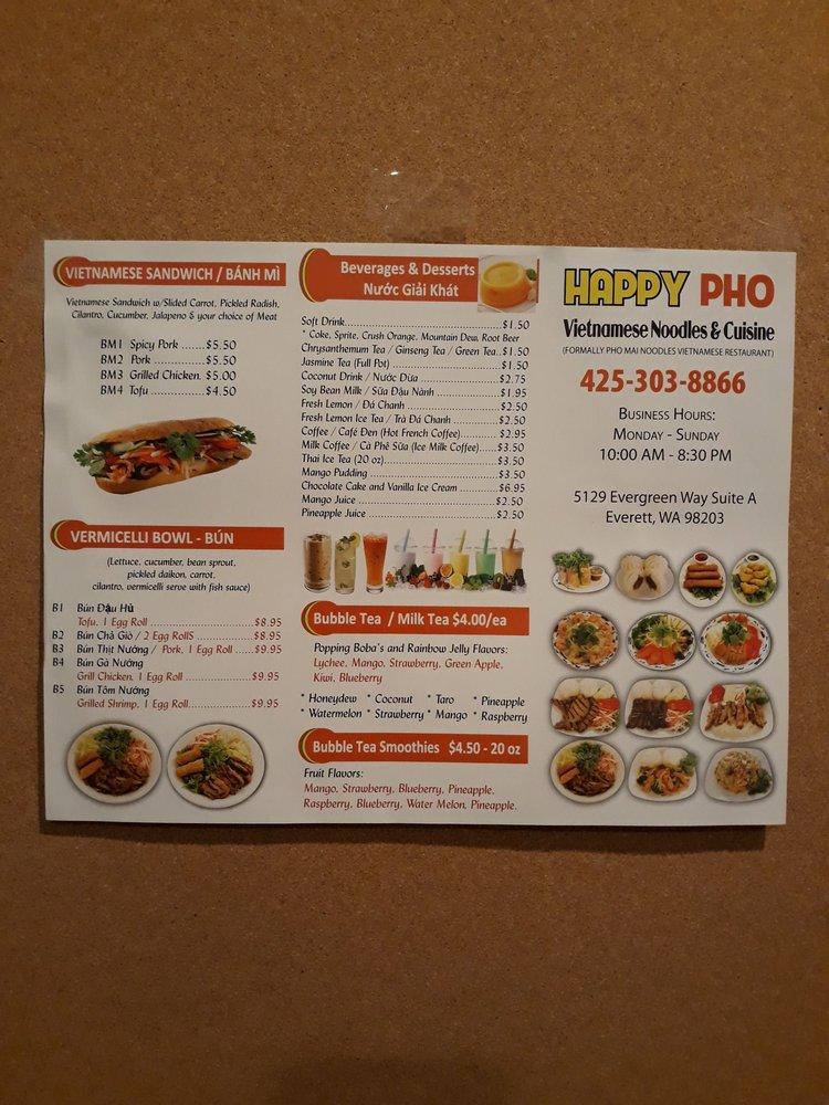 Menu at Happy Pho Noodles restaurant, Everett