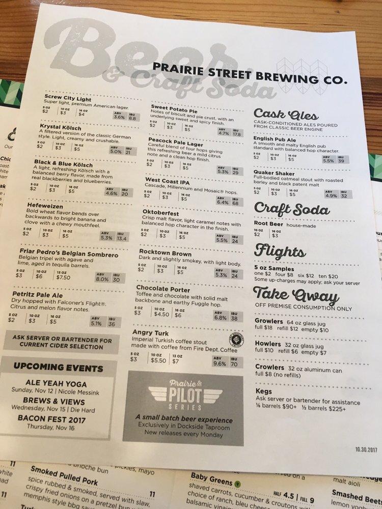 Menu at Prairie Street Brewing Co pub & bar, Rockford