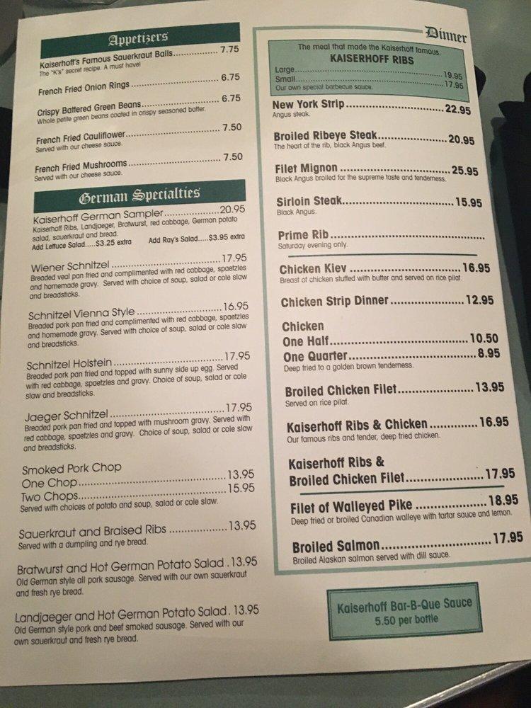 Menu at Kaiserhoff New Ulm restaurant, New Ulm