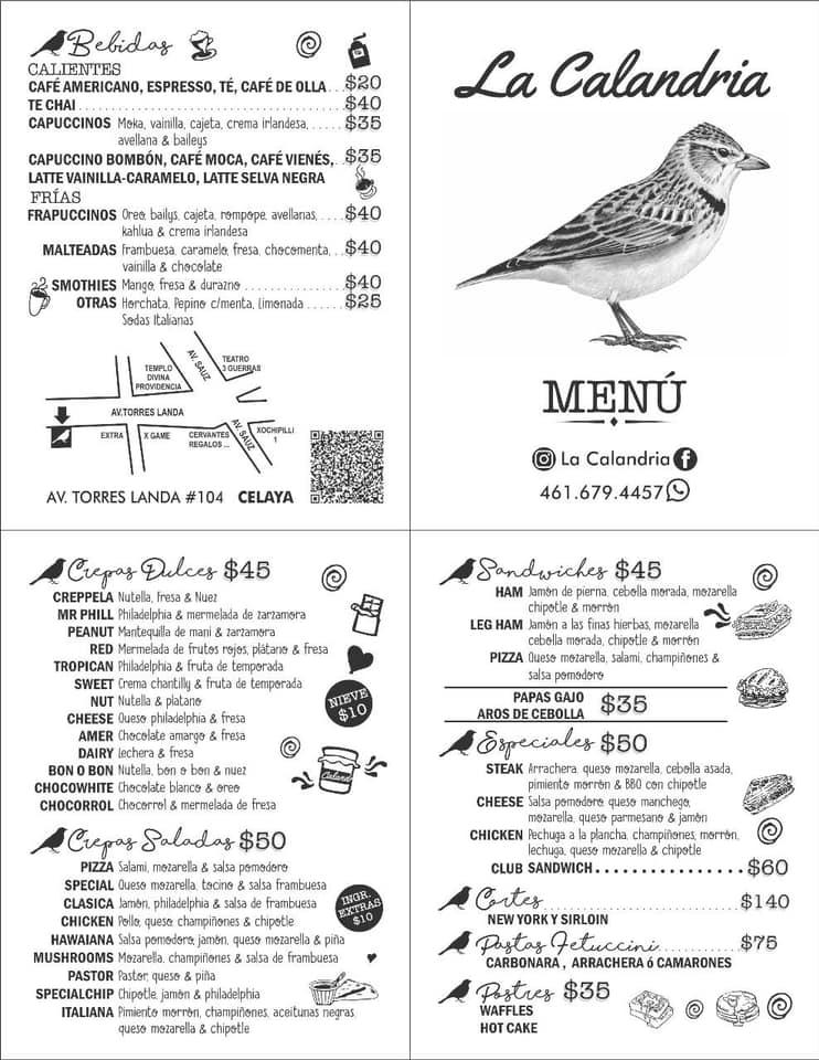 Carta de cafetería La Calandria, Celaya, Av Brillante 240