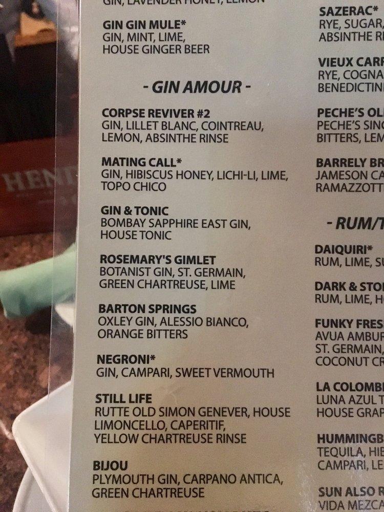 Menu at Péché pub & bar, Austin