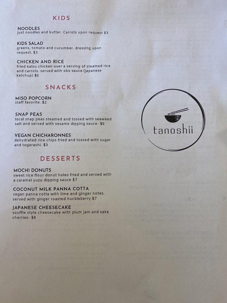 Carta del restaurante Tanoshii, Bozeman
