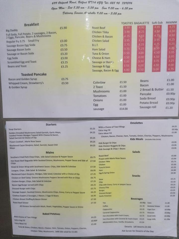 Menu at Big Papa Drews cafe, Belfast