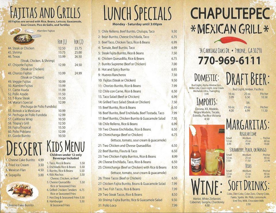 Carta del restaurante Chapultepec Mexican Grill, Tyrone