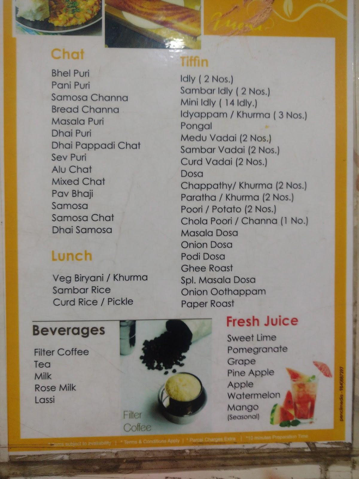 Menu at Nic Nac Vegetarian, Chennai, 26RJ+7VM