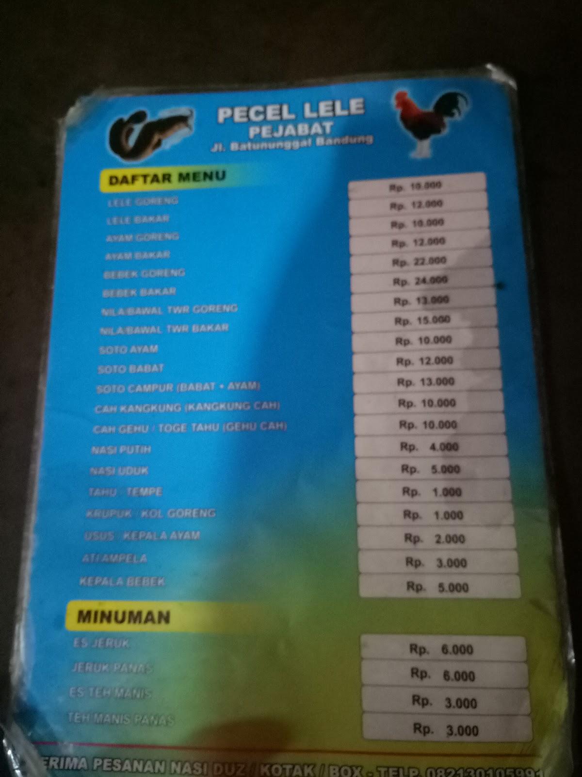 Menu at Pecel Lele Pejabat restaurant, Bandung