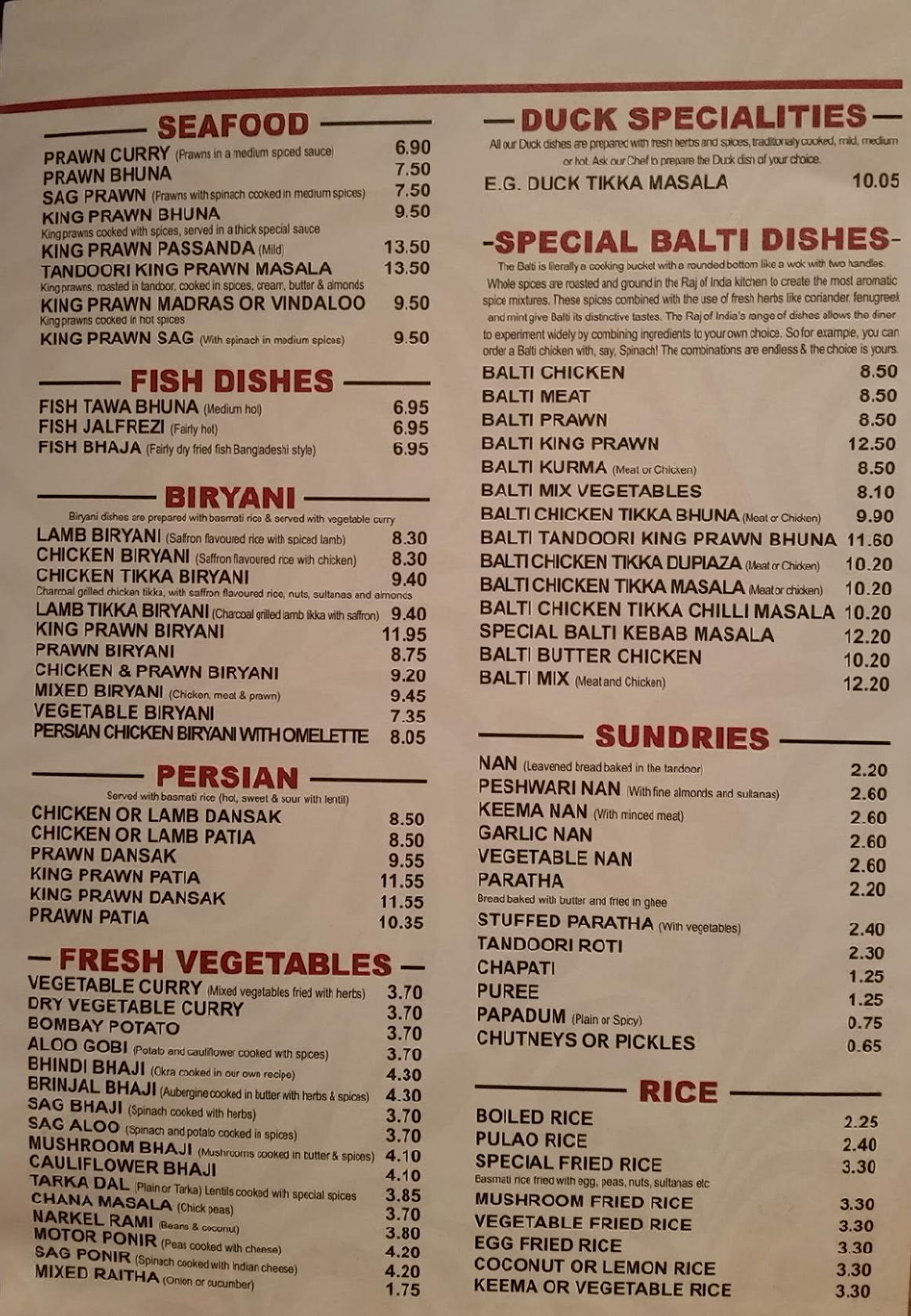 Menu at The Raj of India restaurant, Upminster