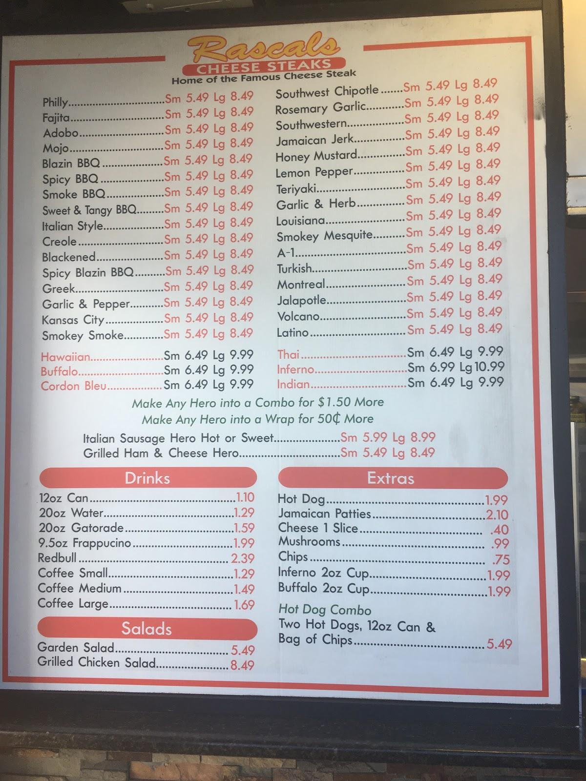 Menu at Rascals restaurant, Whitehall