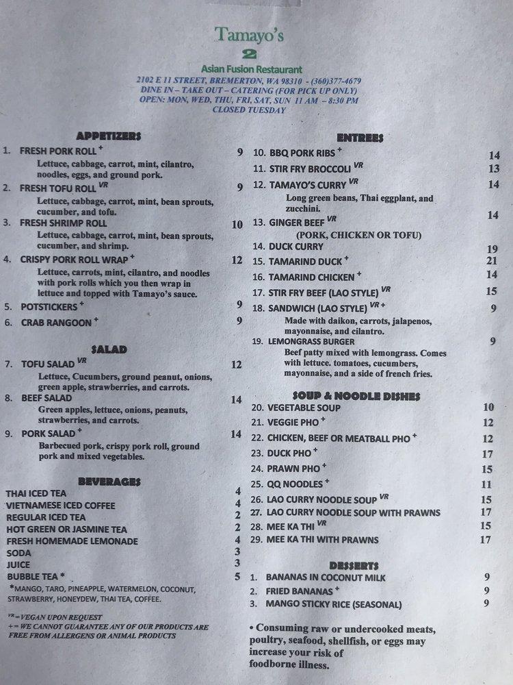 Menu at Tamayo's 2 restaurant, Bremerton
