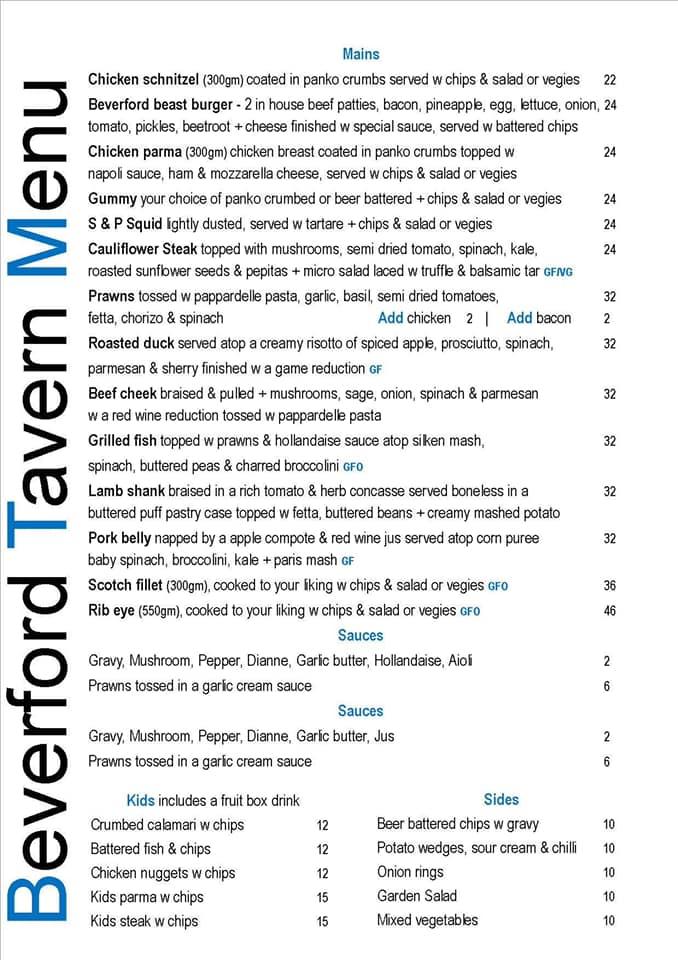 Menu at Beverford Tavern pub & bar, Beverford