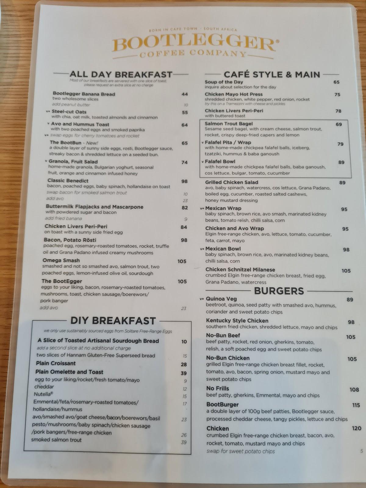 Menu at Bootlegger Coffee Company restaurant, Cape Town, 3 Athens Rd